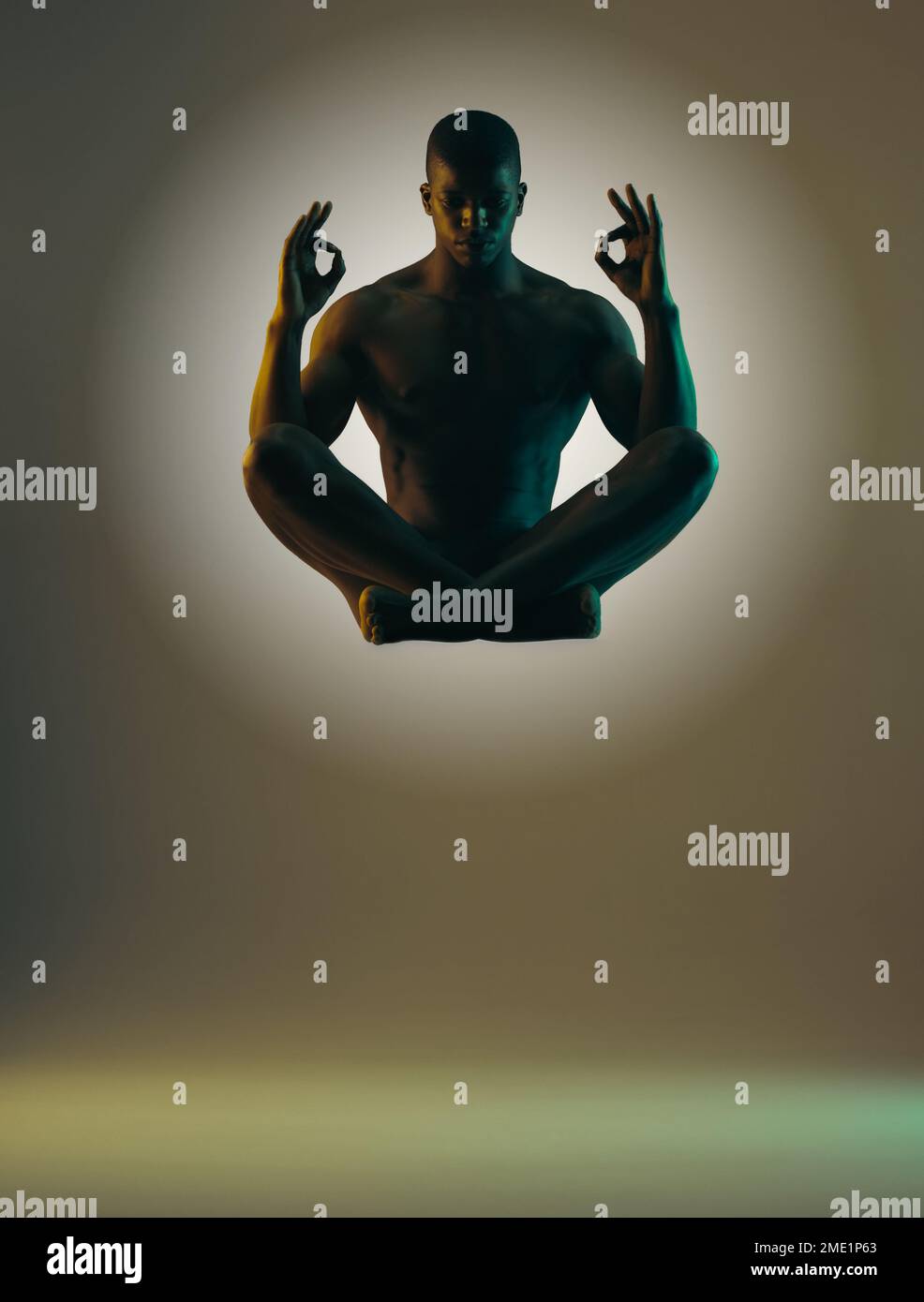 Meditation shadow, float or relax man meditate in spiritual mental health, chakra energy balance ...