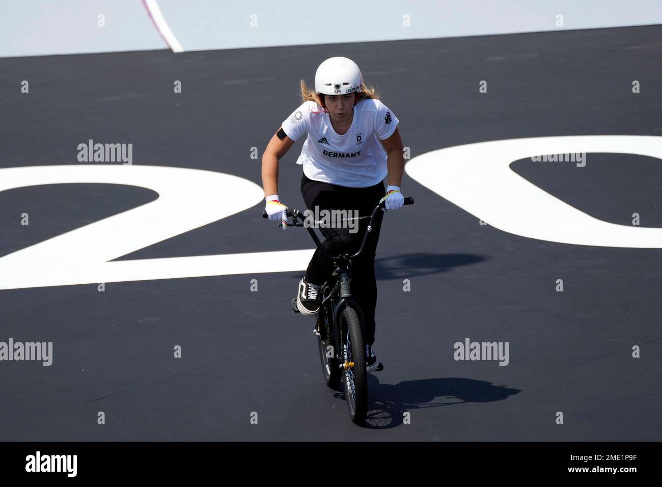 Lara Lessmann, of Germany, competes in the women's BMX freestyle final ...