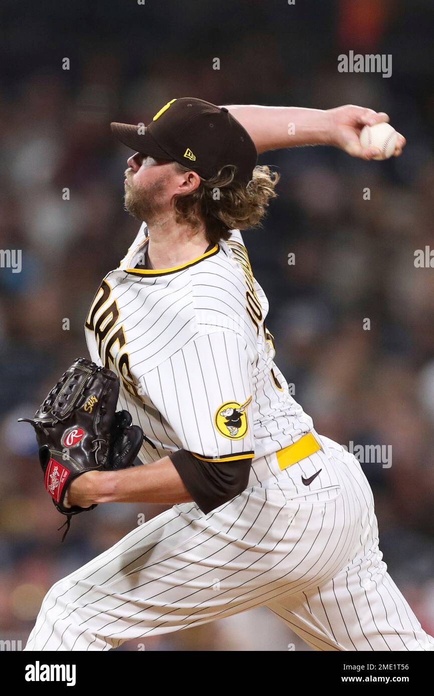 San Diego Padres relief pitcher Pierce Johnson works in a baseball game ...