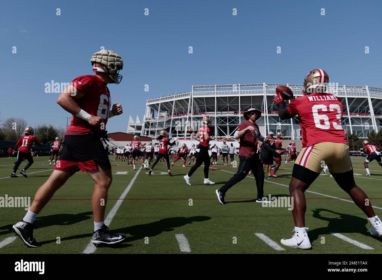 San Francisco 49ers offensive lineman Isaiah Williams, right, makes a ...