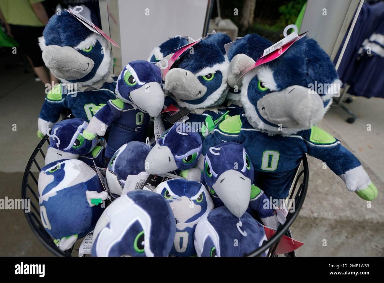 Stuffed versions of Blitz, the Seattle Seahawks' mascot, are shown for ...