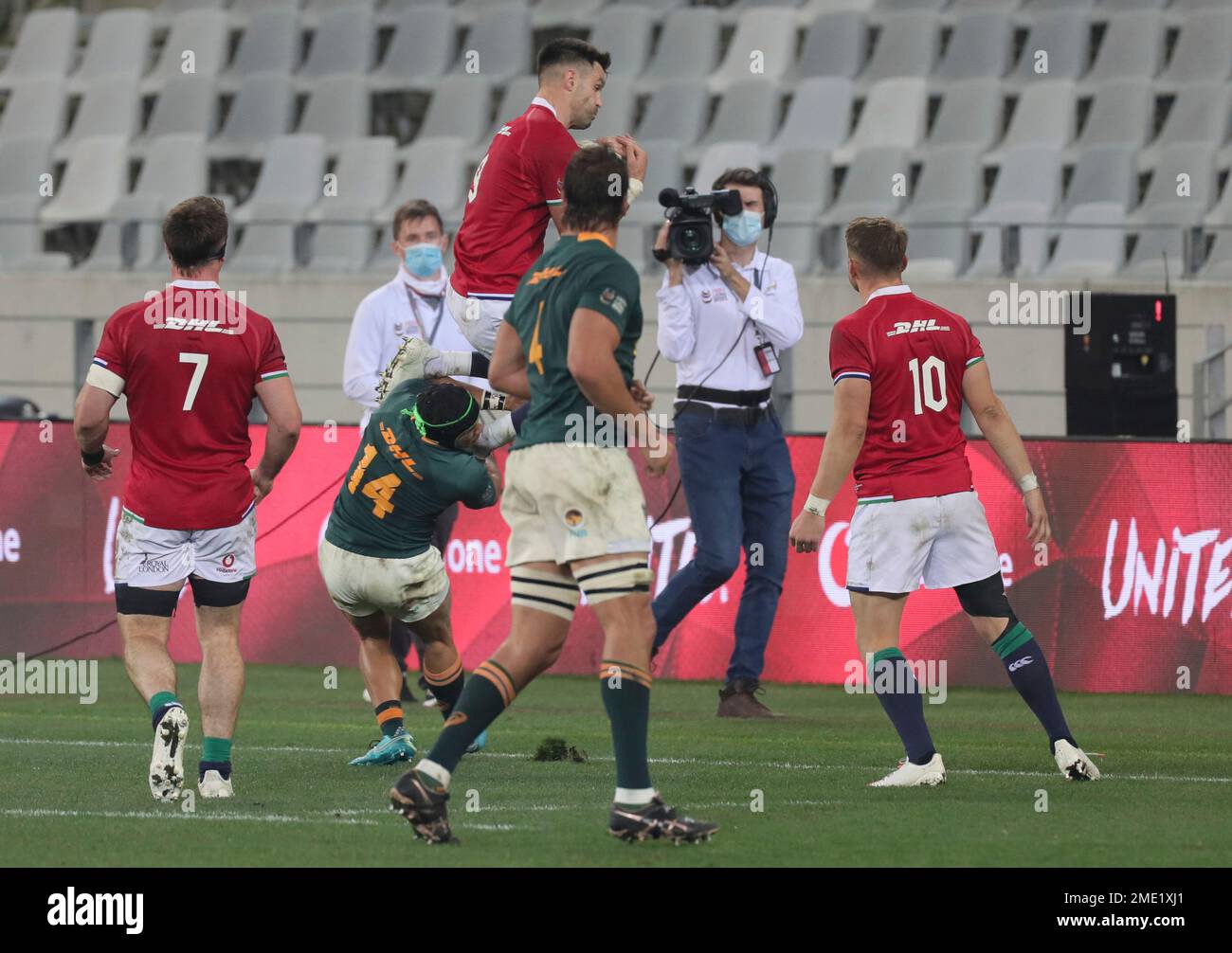 British and Irish Lions' Conor Murray, top, is late tackled by South ...