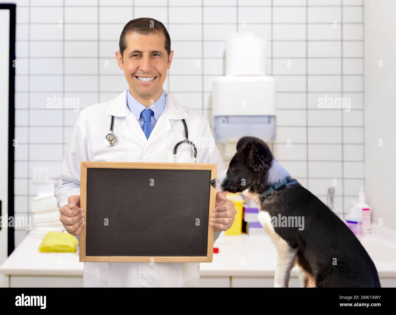 Veterinarian standing and smiling with chalkboard and copy space with a ...