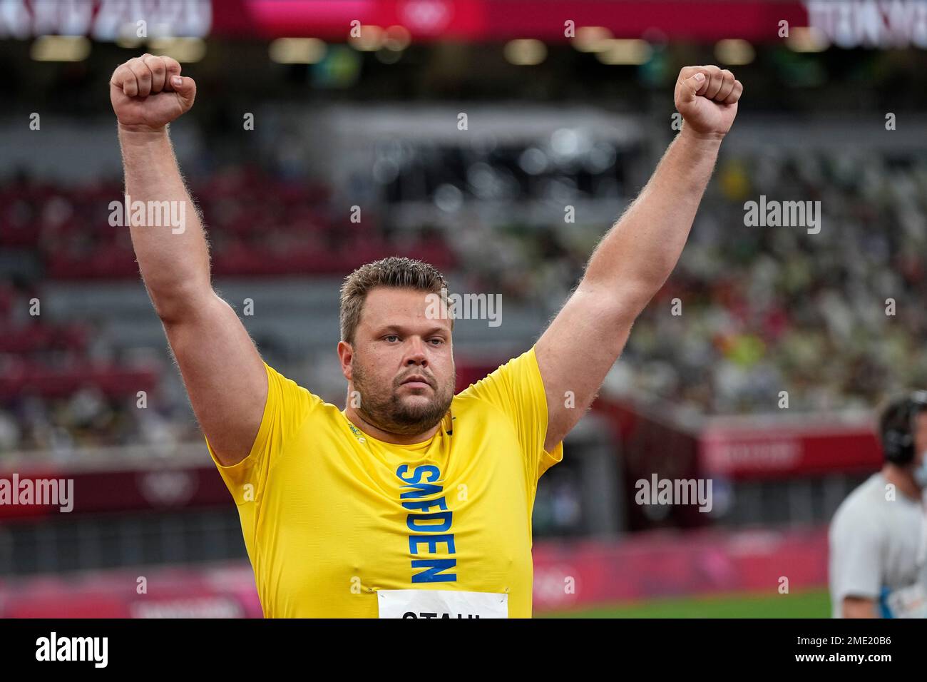 Daniel Stahl, of Sweden, celebrates after winning the final of the men ...