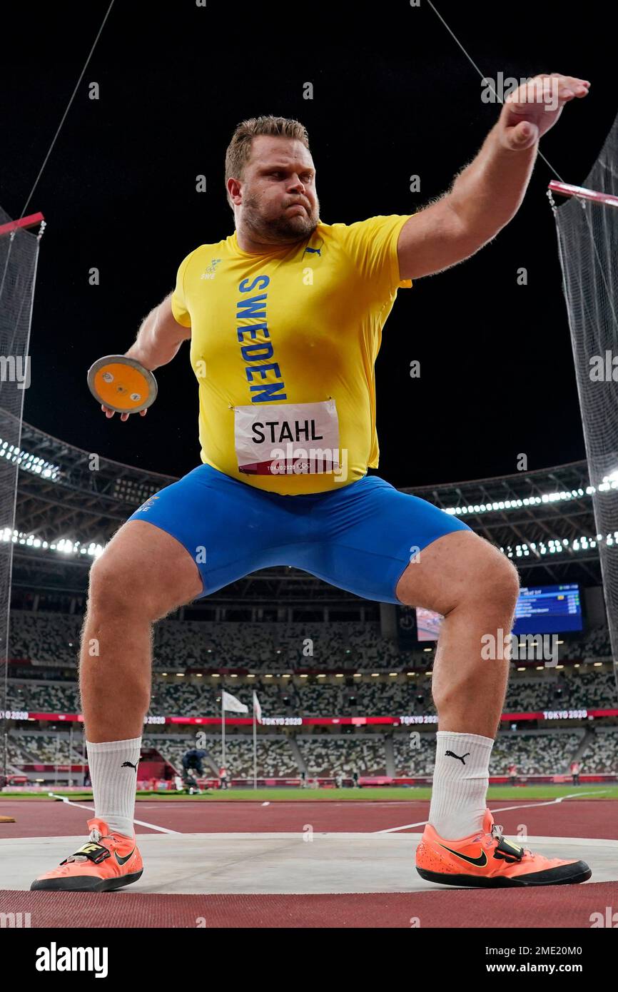 Daniel Stahl, of Sweden, competes in the final of the men's discus ...