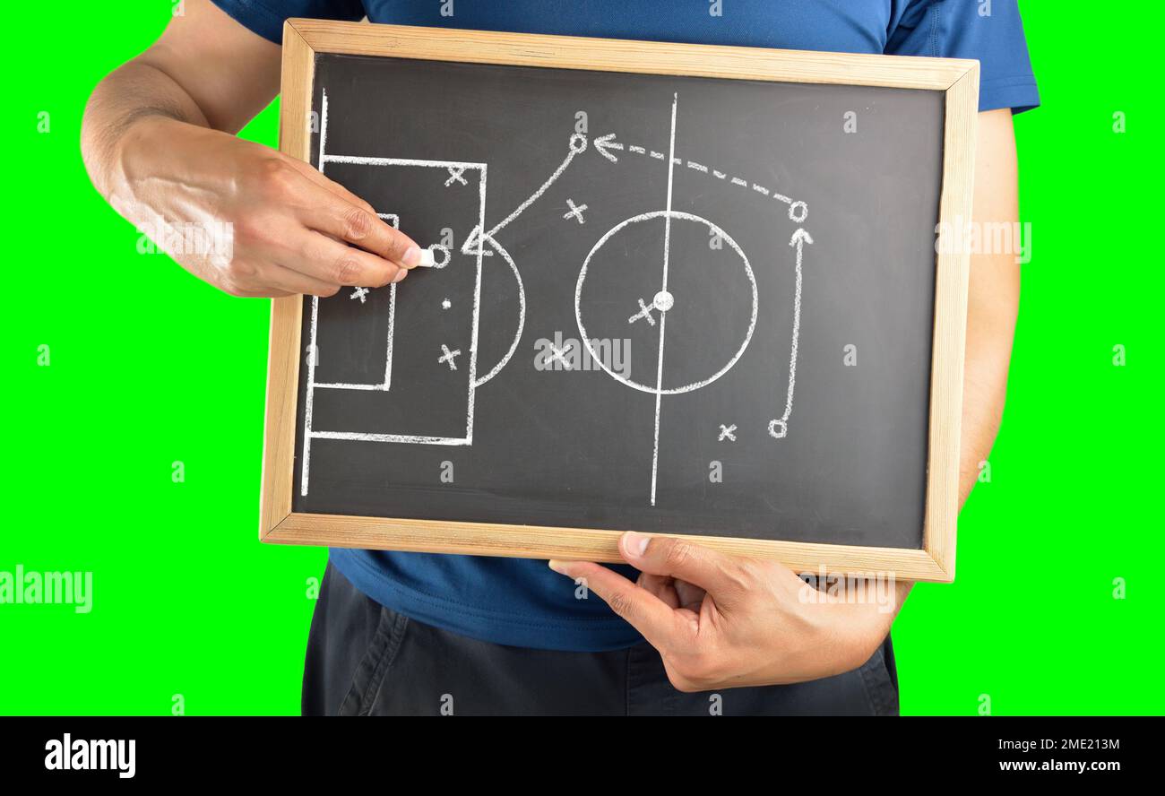 hand of a football coach drawing a soccer game tactics with white chalk ...