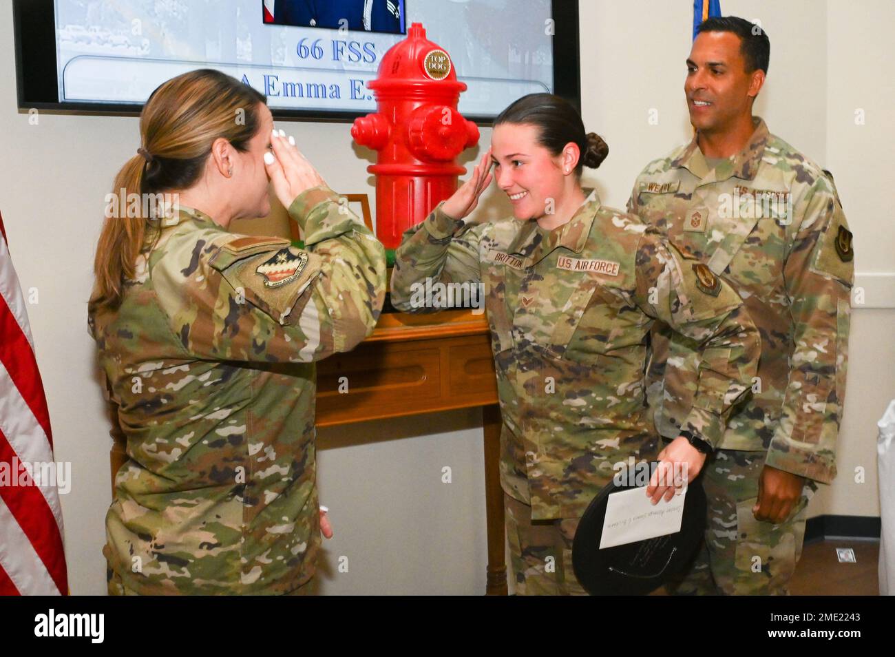 Senior Airman Emma Britton, center, 66th Force Support Squadron Patriot ...