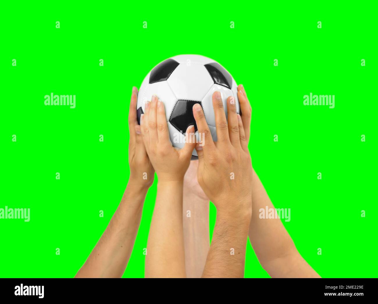 Group of football fans holding a soccer ball isolated cutout on green ...