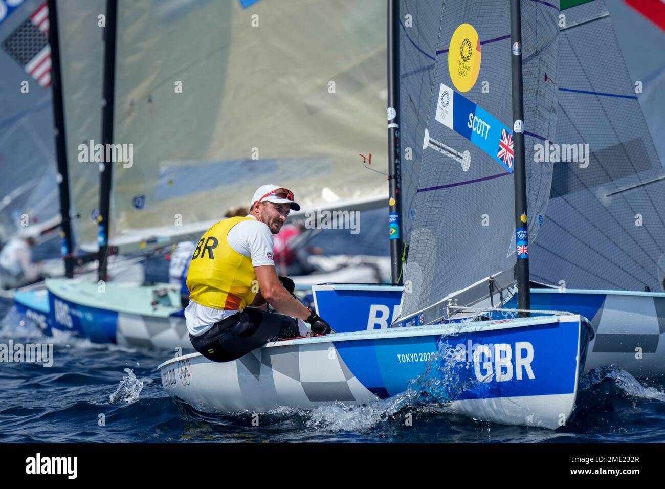 Great Britain's Giles Scott competes during the Finn men race at the ...