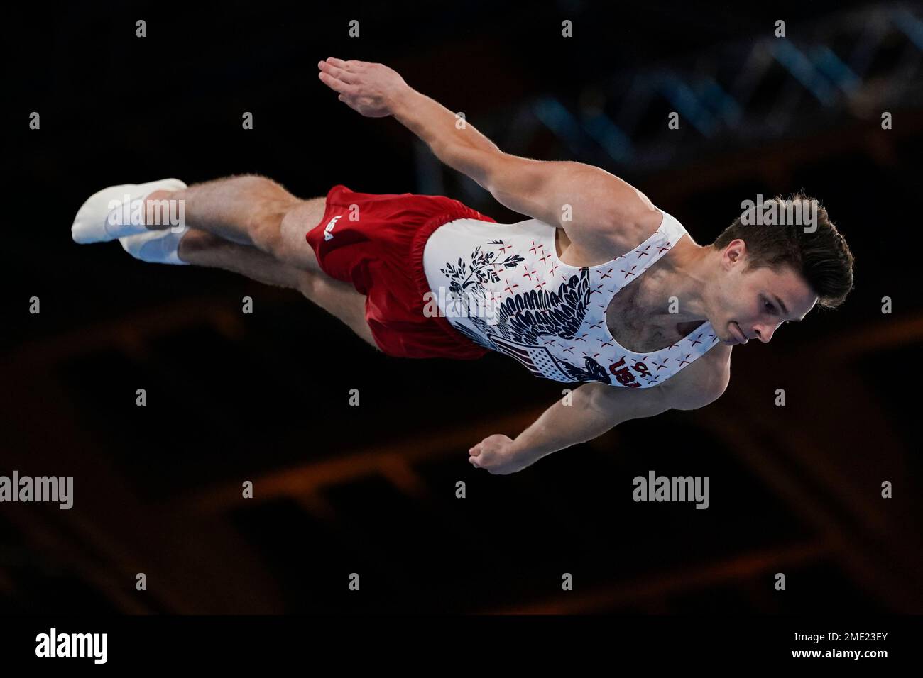 Aliaksei Shostak, of United States, competes in the men's trampoline ...