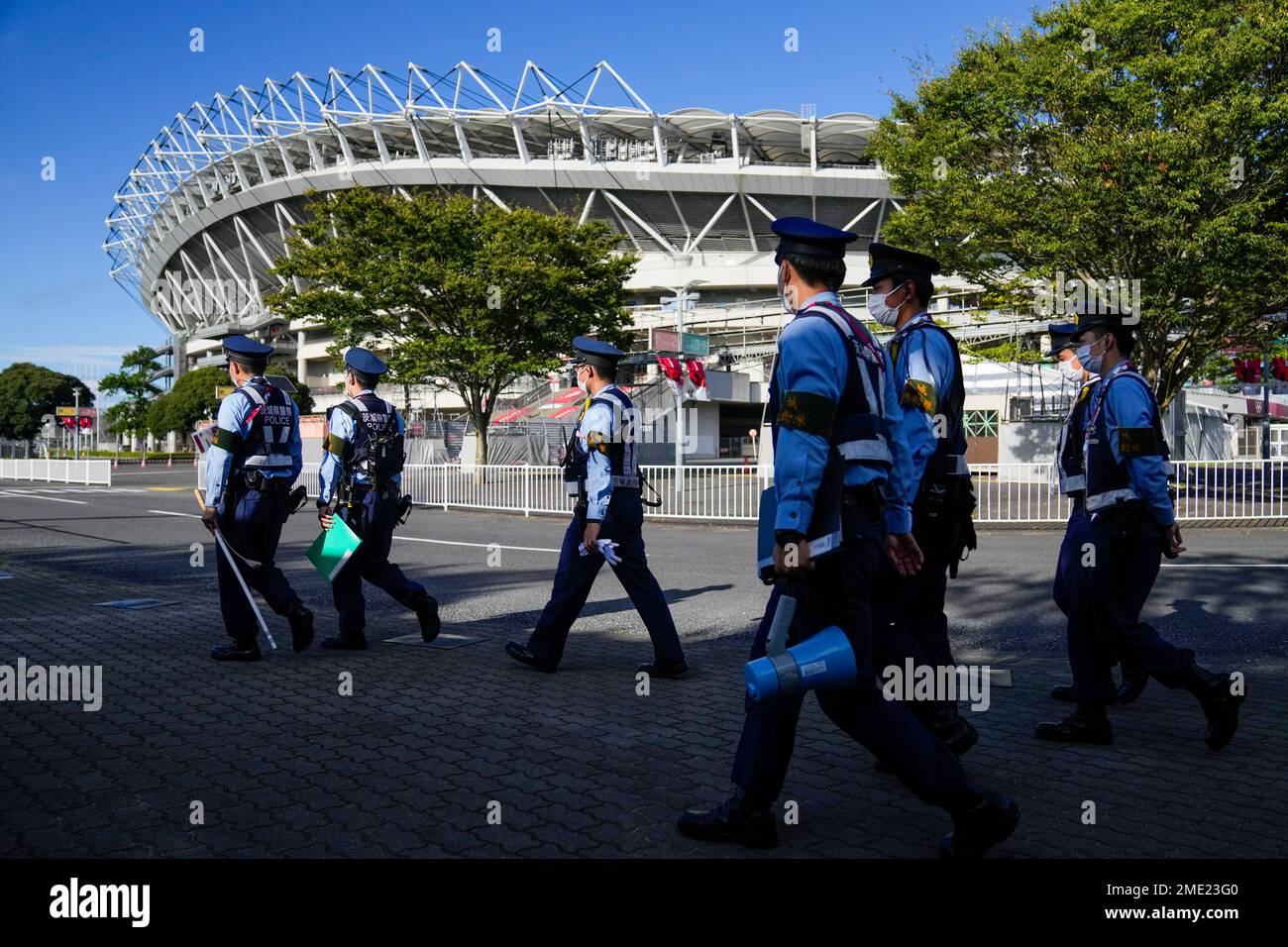 Police patrol outside the Ibaraki Kashima Stadium prior a men's ...