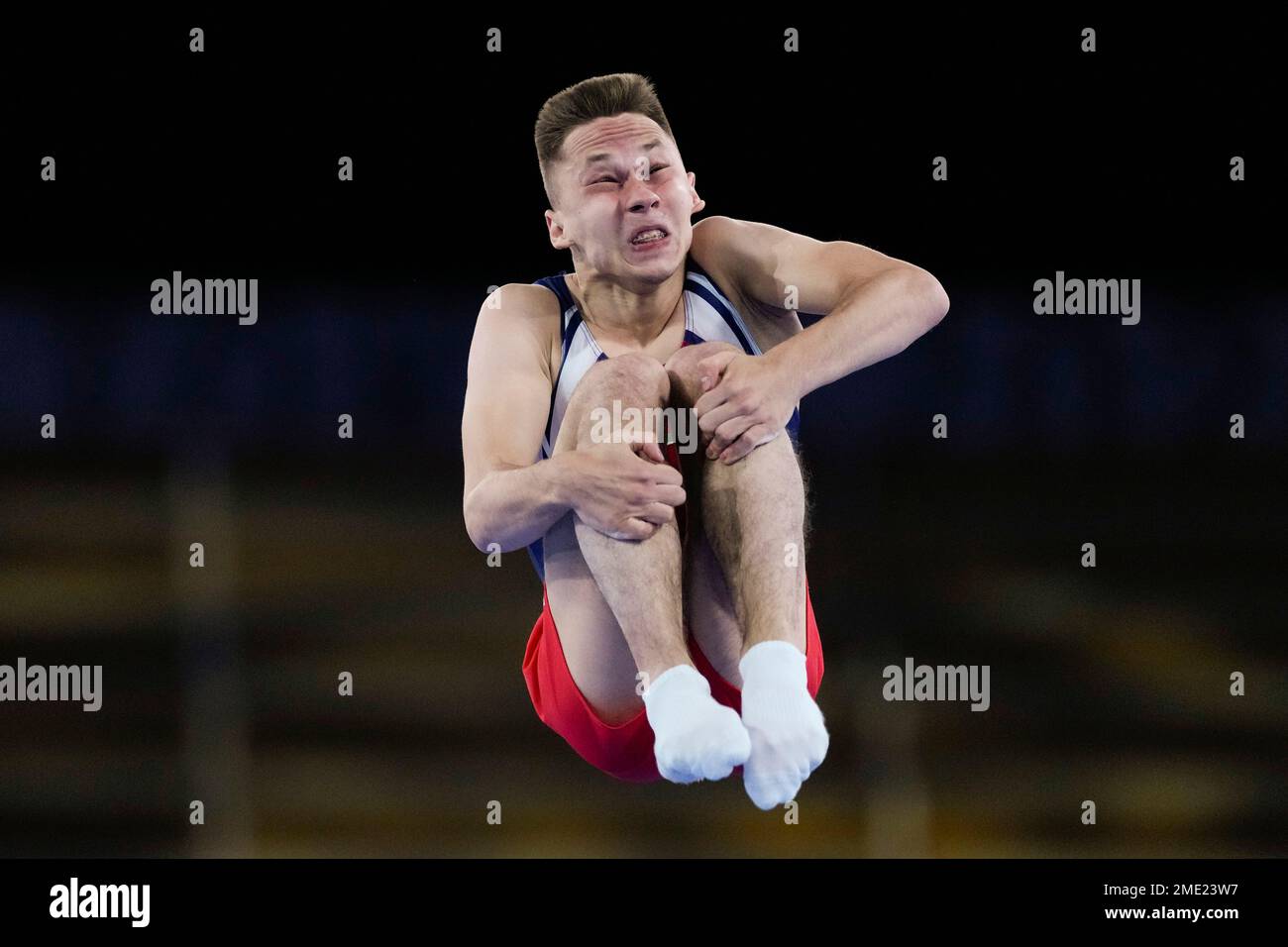 Ivan Litvinovich, of Belarus, competes in the men's trampoline ...