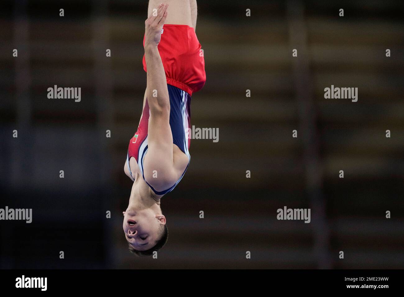 Ivan Litvinovich, of Belarus, competes in the men's trampoline ...