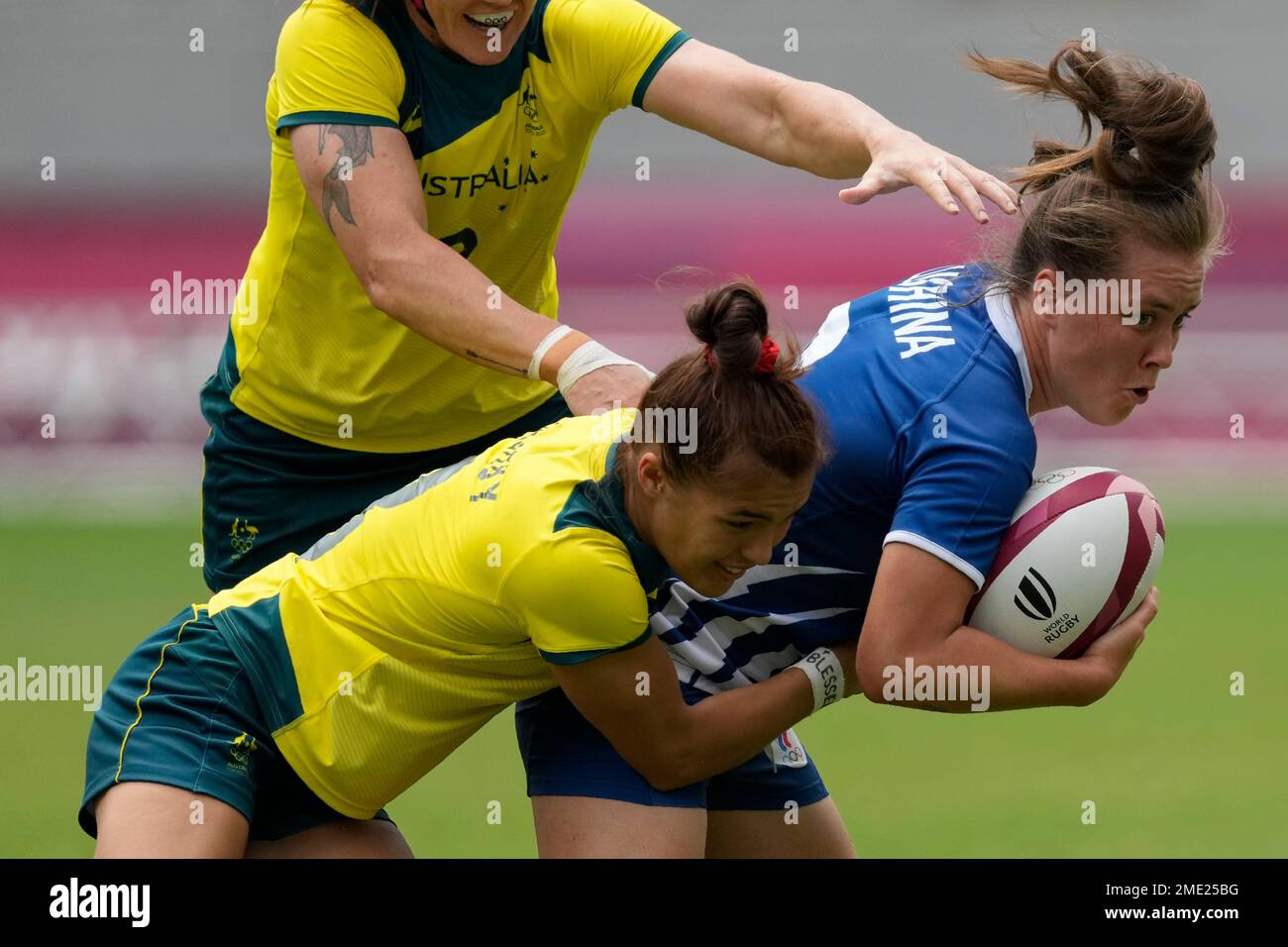 Russian Olympic Committee's Daria Lushina, right, is brought down by ...