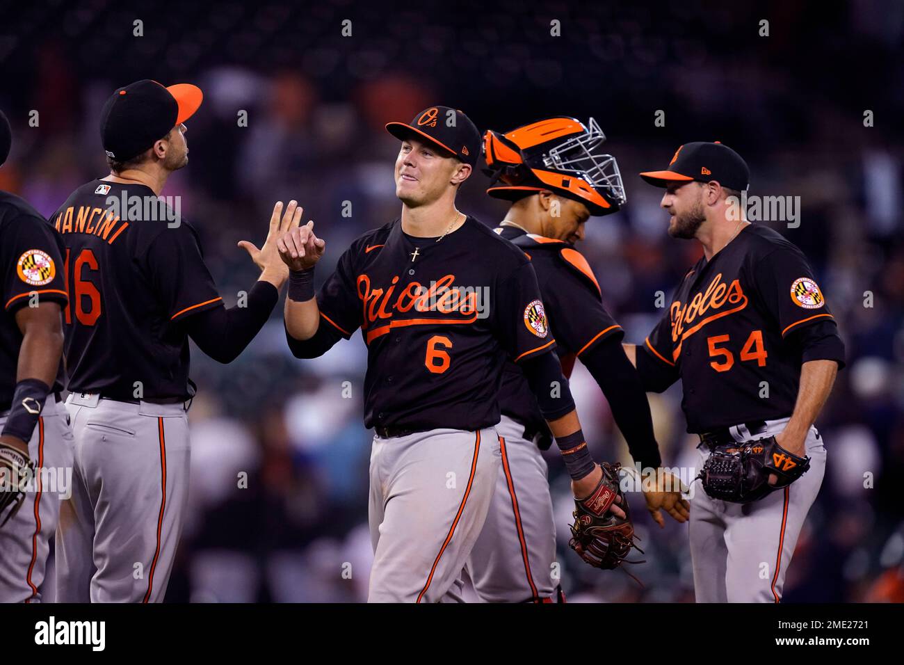 Baltimore Orioles first baseman Ryan Mountcastle (6) and relief pitcher ...