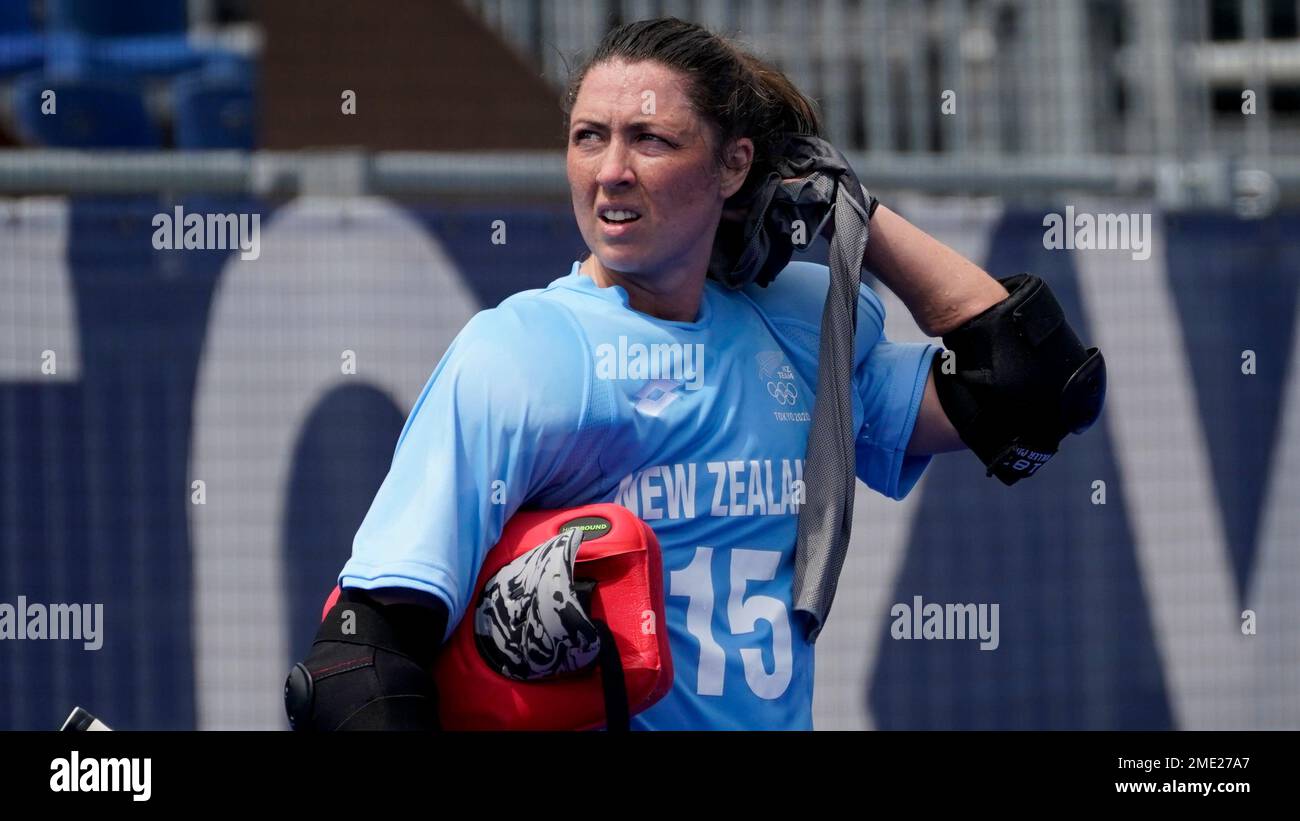 New Zealand goalkeeper Grace O'Hanlon watches the video replay board ...