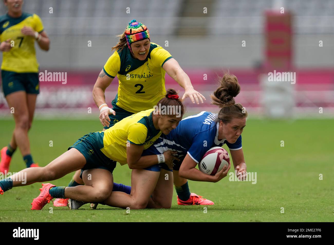 Russian Olympic Committee's Daria Lushina, right, is brought down by ...