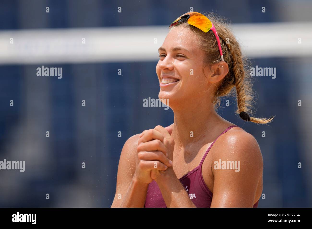 Tina Graudina, of Latvia, celebrates winning a women's beach volleyball ...