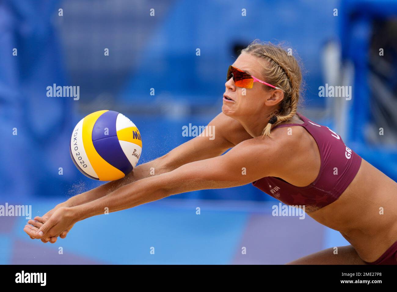 Tina Graudina, Of Latvia, competes during a women's beach volleyball ...