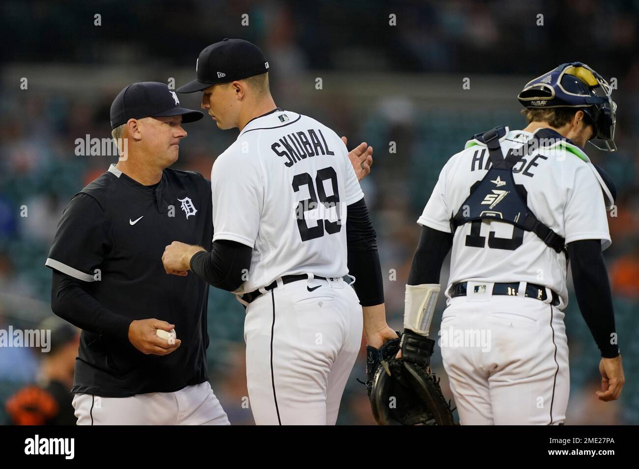 Detroit Tigers manager A.J. Hinch takes the ball from starting pitcher ...