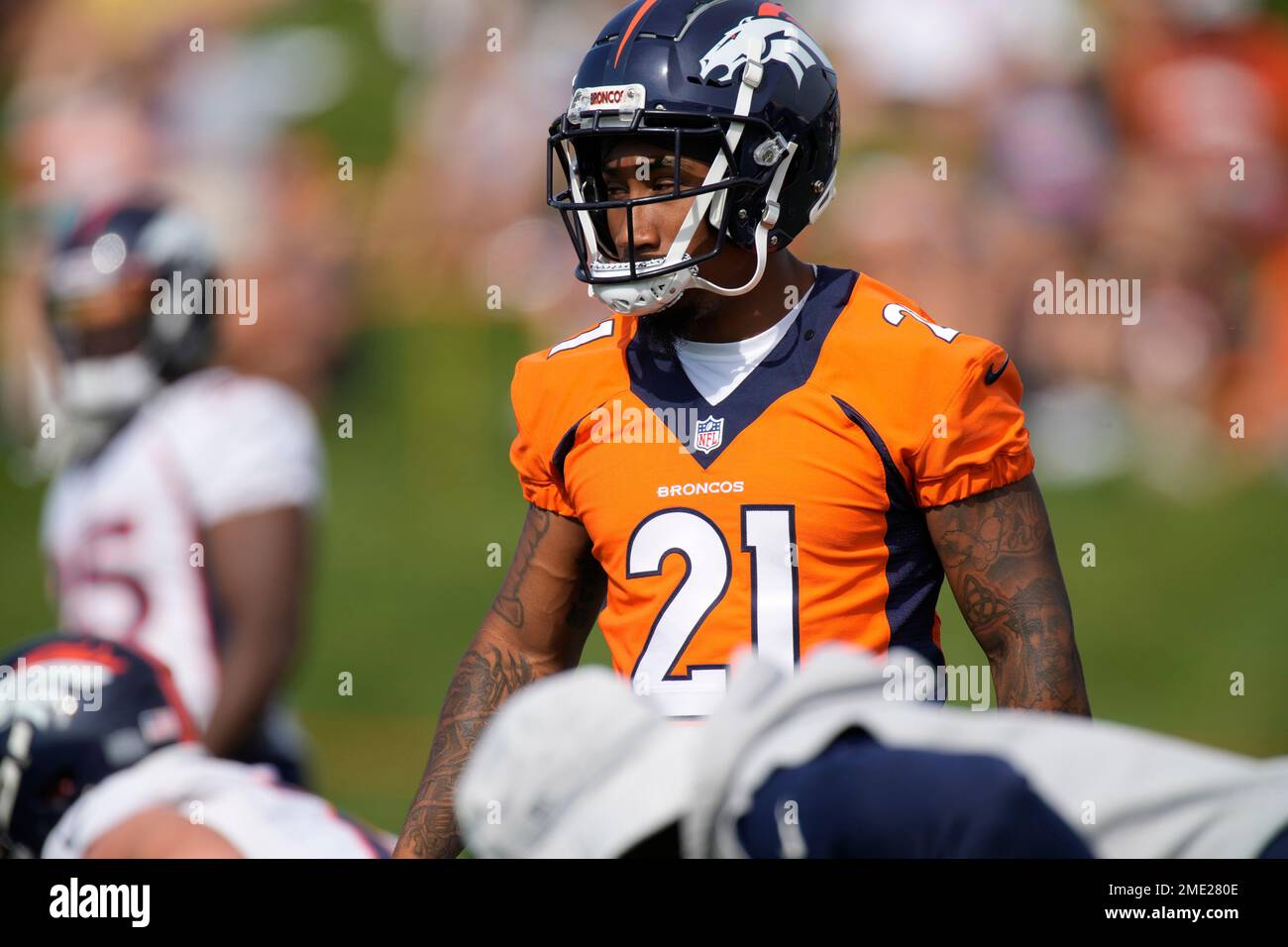 Denver Broncos cornerback Ronald Darby (21) takes part in drills at an ...