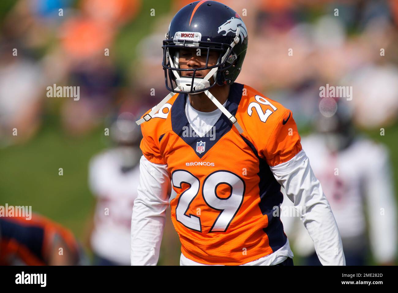 Denver Broncos cornerback Bryce Callahan (29) takes part in drills at ...