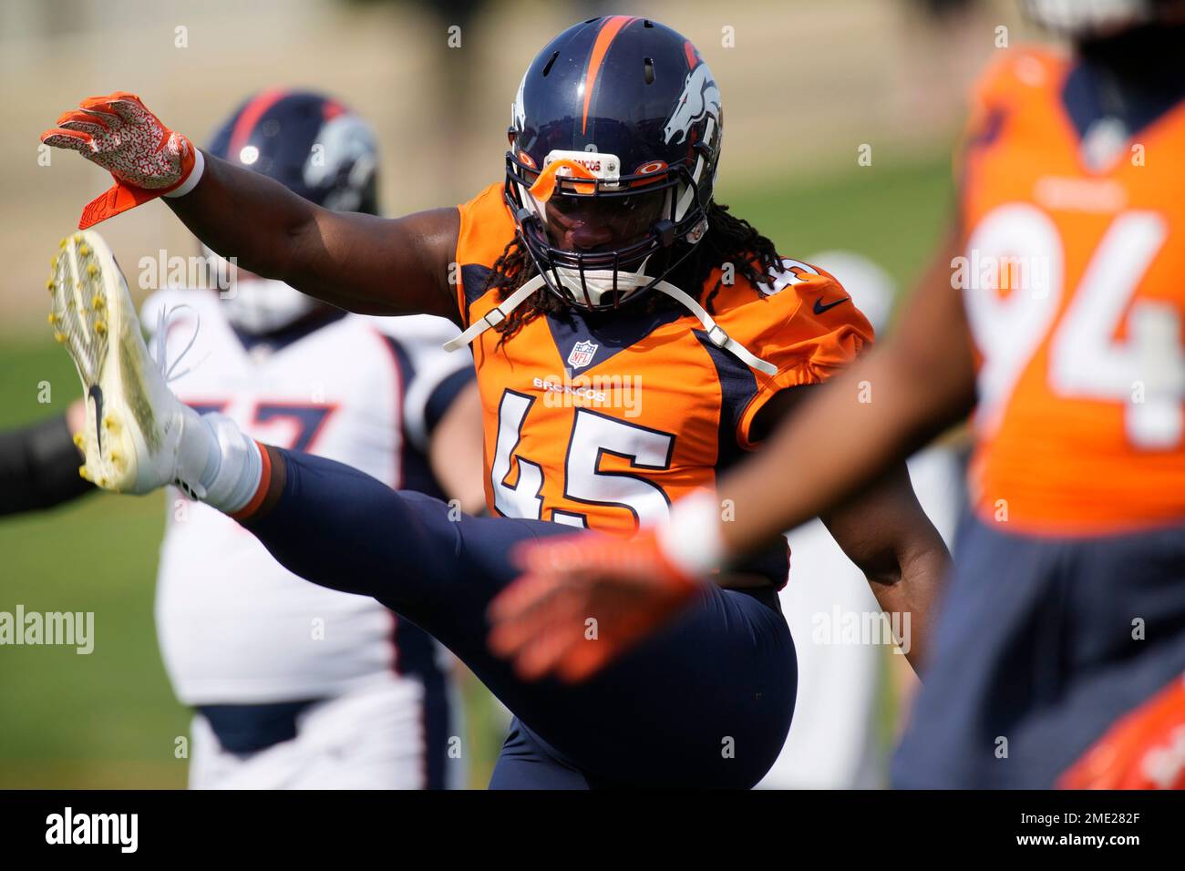 Denver Broncos linebacker A.J. Johnson (45) takes part in drills at an ...