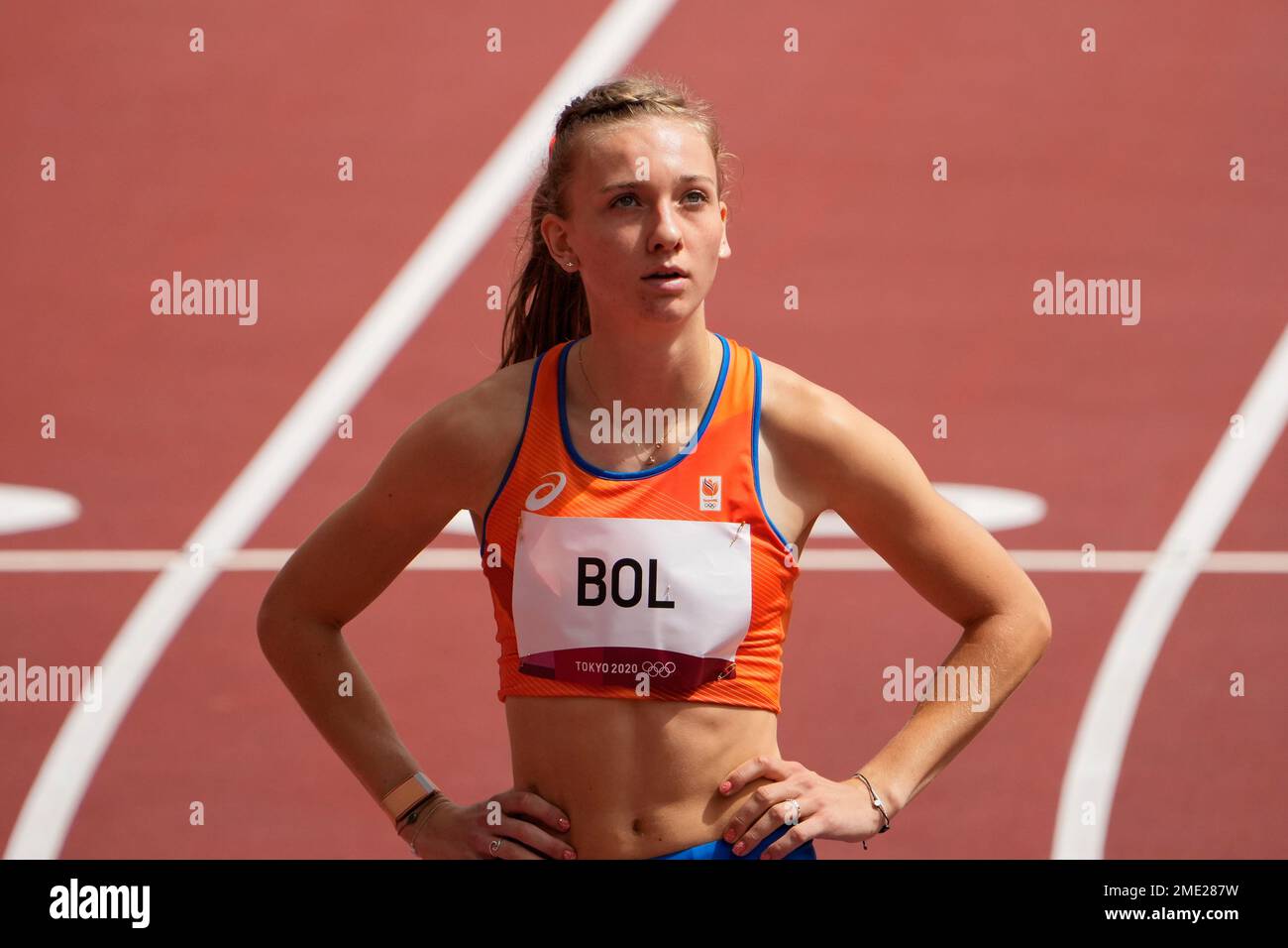 Femke Bol, of the Netherlands, reacts after winning a heat in the women ...