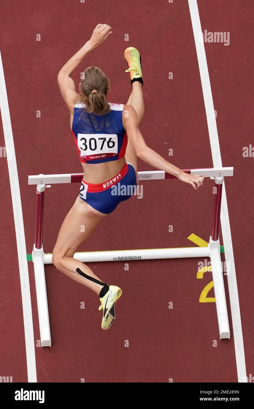 Line Kloster, of Norway, during a heat in the women's 400-meter hurdles ...