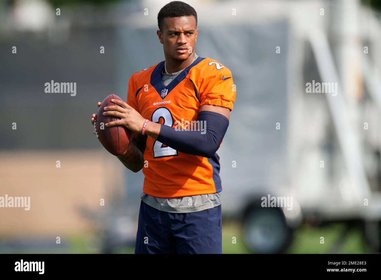 Denver Broncos cornerback Pat Surtain II (2) takes part in drills at an ...