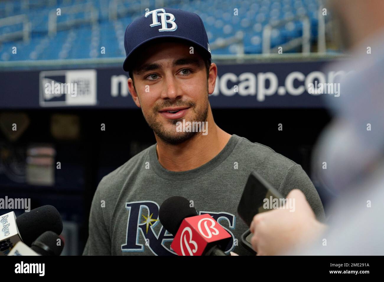 New Tampa Bay Rays pitcher JT Chargois speaks to the media before a ...