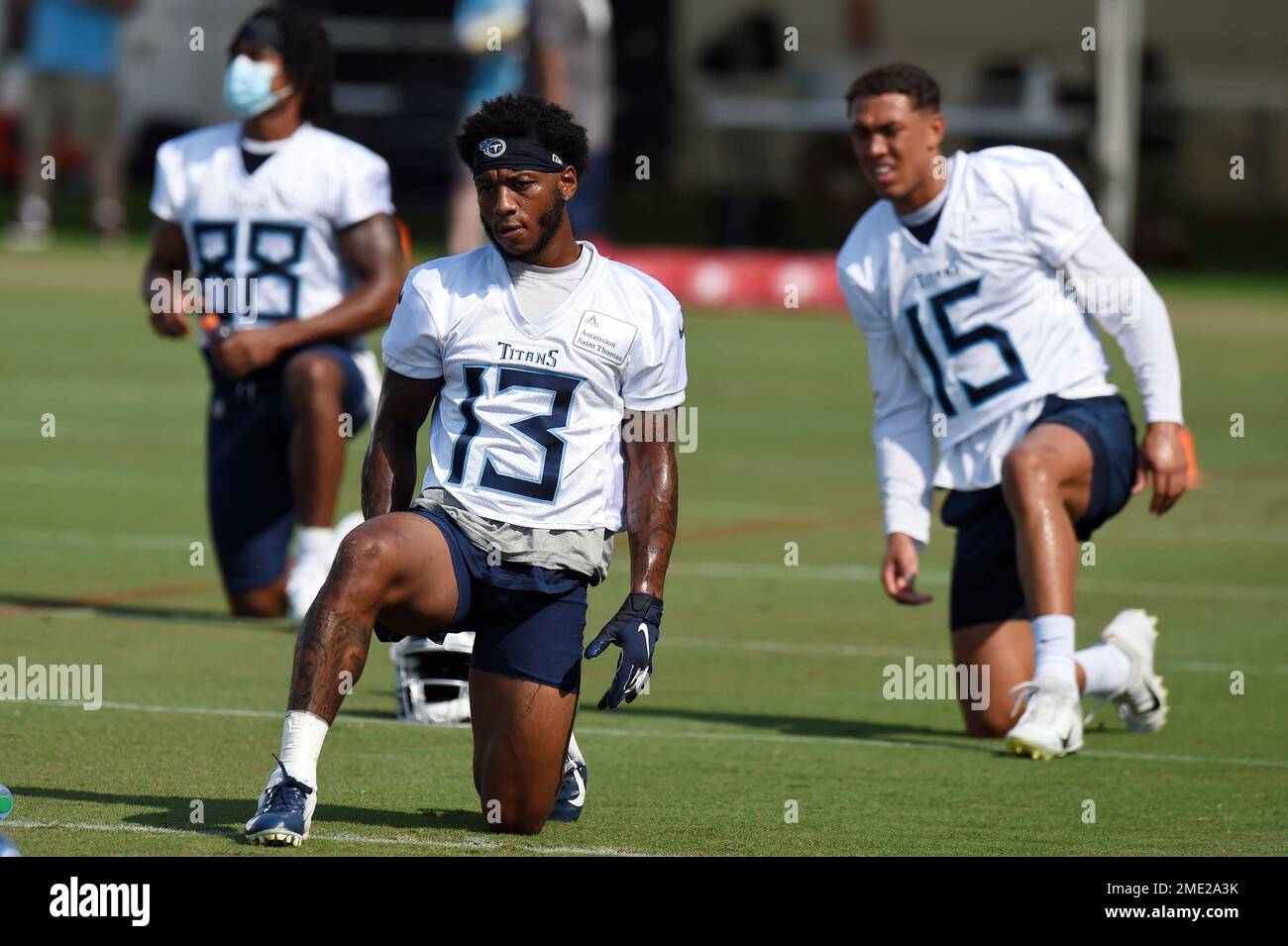 Tennessee Titans wide receiver Cameron Batson (13) stretches during NFL ...