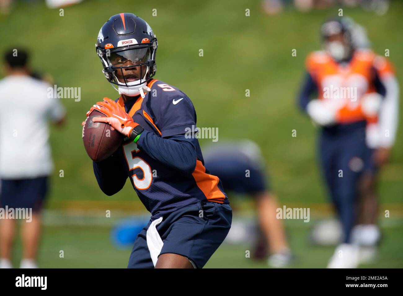 Denver Broncos quarterback Teddy Bridgewater takes part in drills at an ...