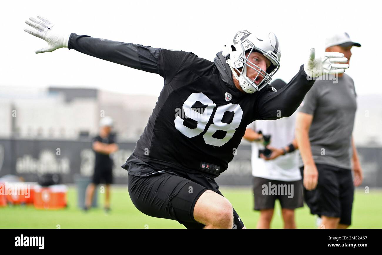 Las Vegas Raiders defensive end Maxx Crosby runs a drill during NFL ...