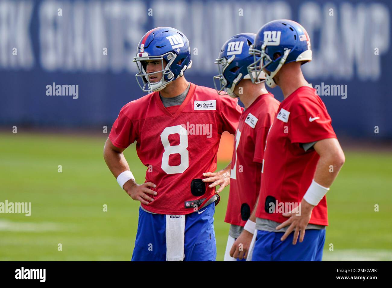 New York Giants quarterback Daniel Jones (8) looks on at NFL football ...