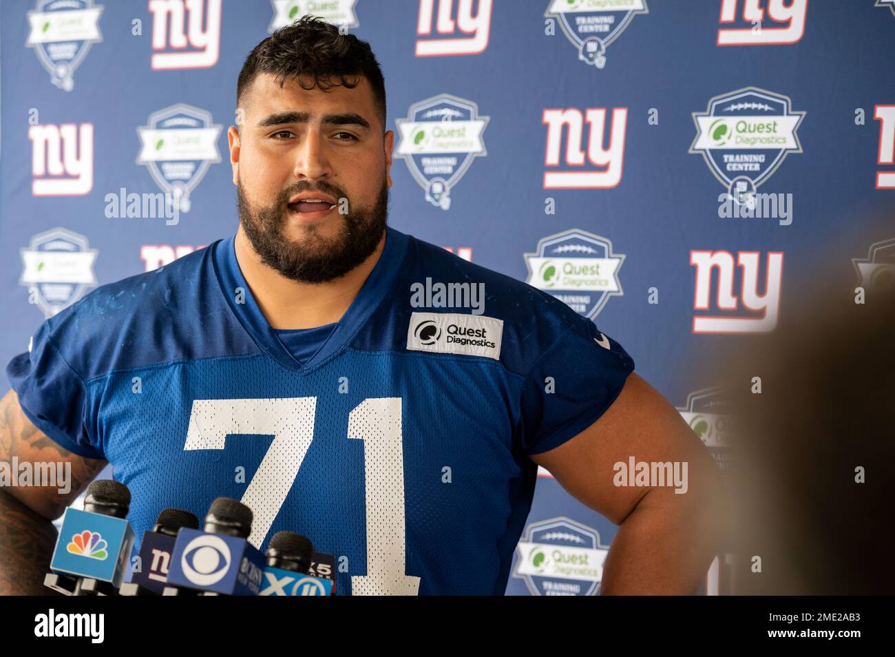 New York Giants offensive guard Will Hernandez (71) speaks to the media ...