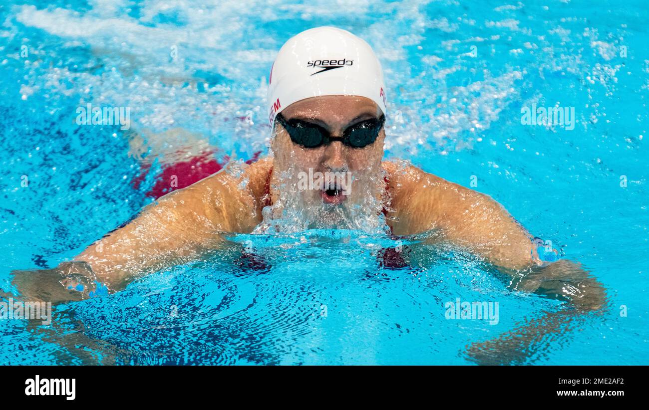 Canada's Sydney Pickrem swims in a women's 4x100-meter medley relay ...