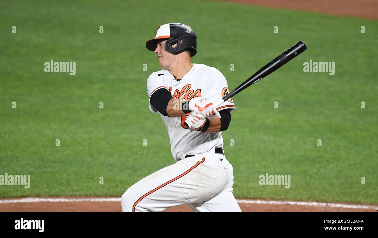 Baltimore Orioles' Ryan Mountcastle hits a single against Miami Marlins ...