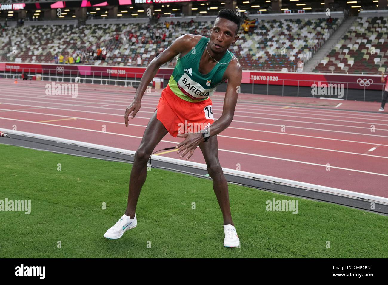 Selemon Barega, of Ethiopia, celebrates after winning the men's 10,000 ...
