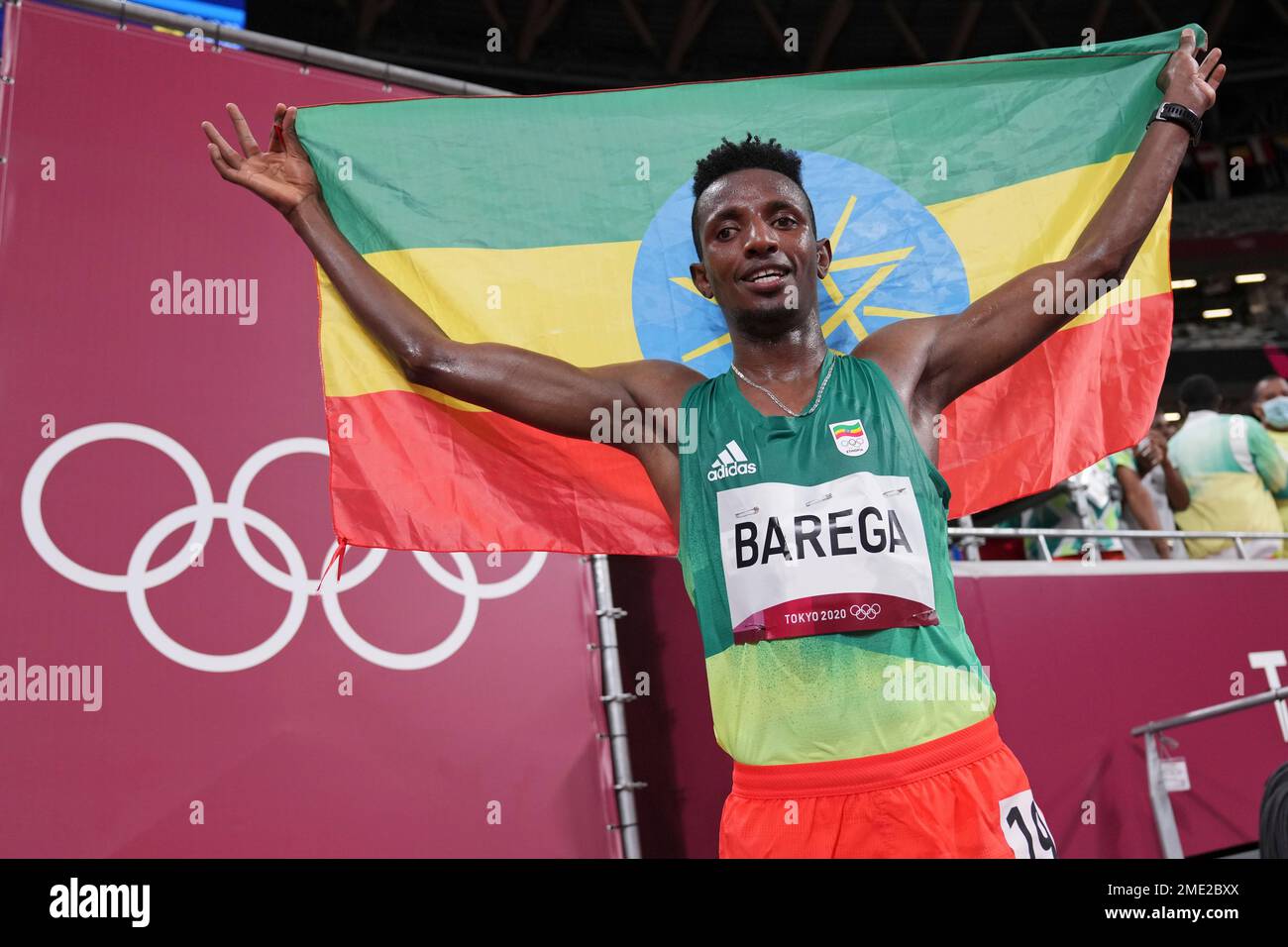 Selemon Barega, of Ethiopia, celebrates after winning the men's 10,000 ...