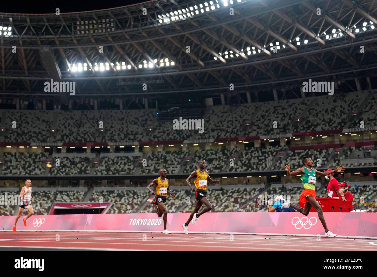 Selemon Barega, of Ethiopia, celebrates after winning the men's 10,000 ...