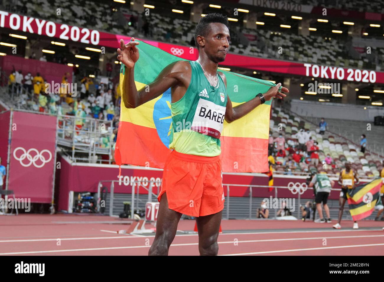 Selemon Barega, of Ethiopia, celebrates after winning the men's 10,000 ...
