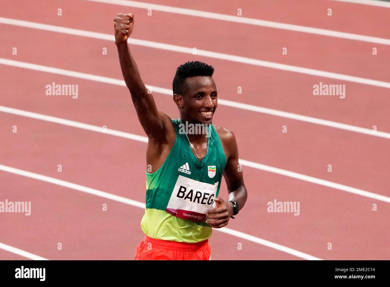 Selemon Barega, of Ethiopia, celebrates after winning the men's 10,000 ...