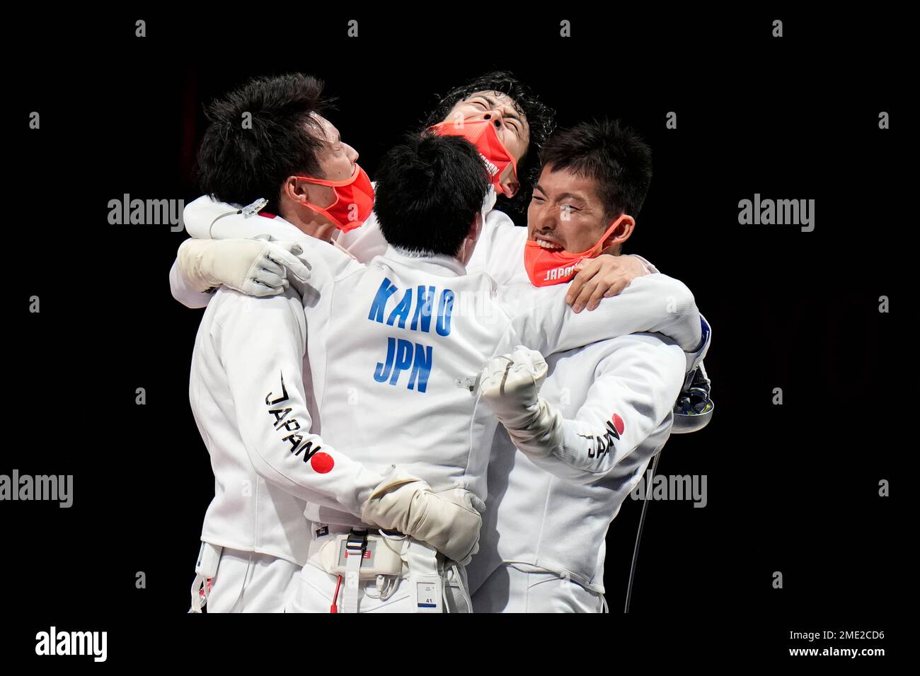 Japanese Epee team celebrate defeating Russian Olympic Committee Epee ...