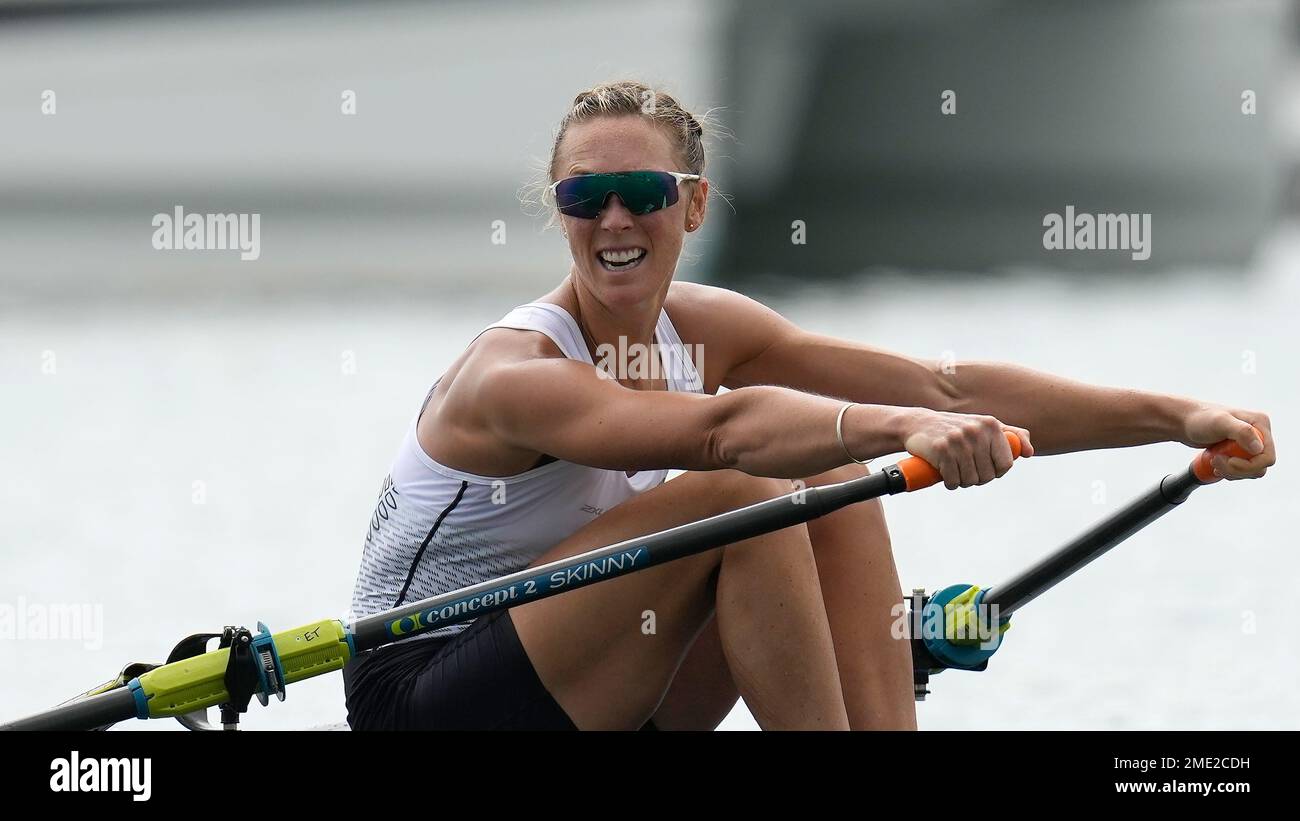 Emma Twigg, of New Zealand reacts after competing in the women's rowing ...