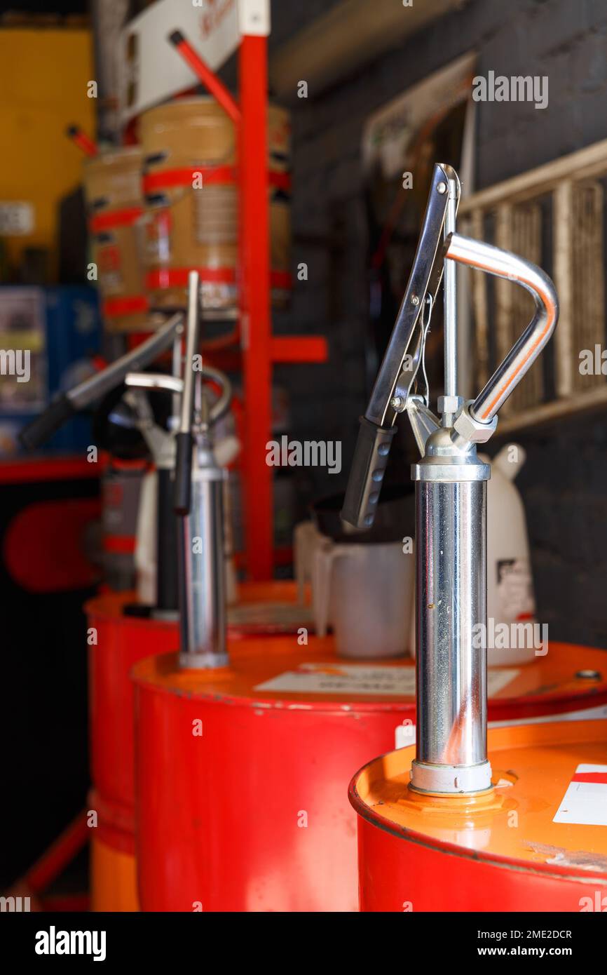 Service station. Oil Barrel for car engine. Replacement of engine oil ...