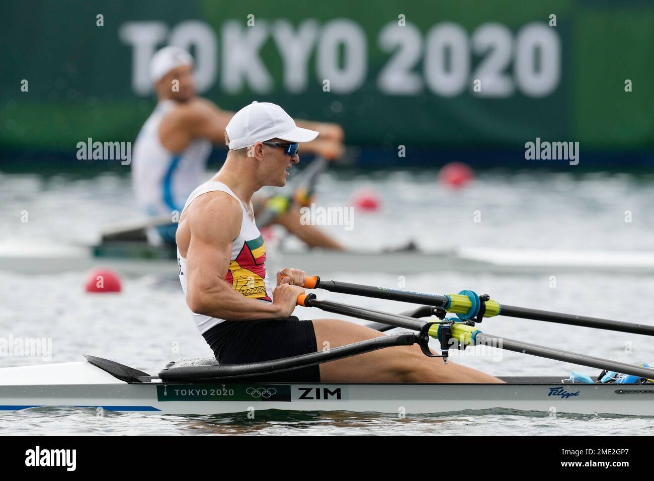 Peter Purcell-Gilpin, of Zimbabwe competes in the men's rowing single ...