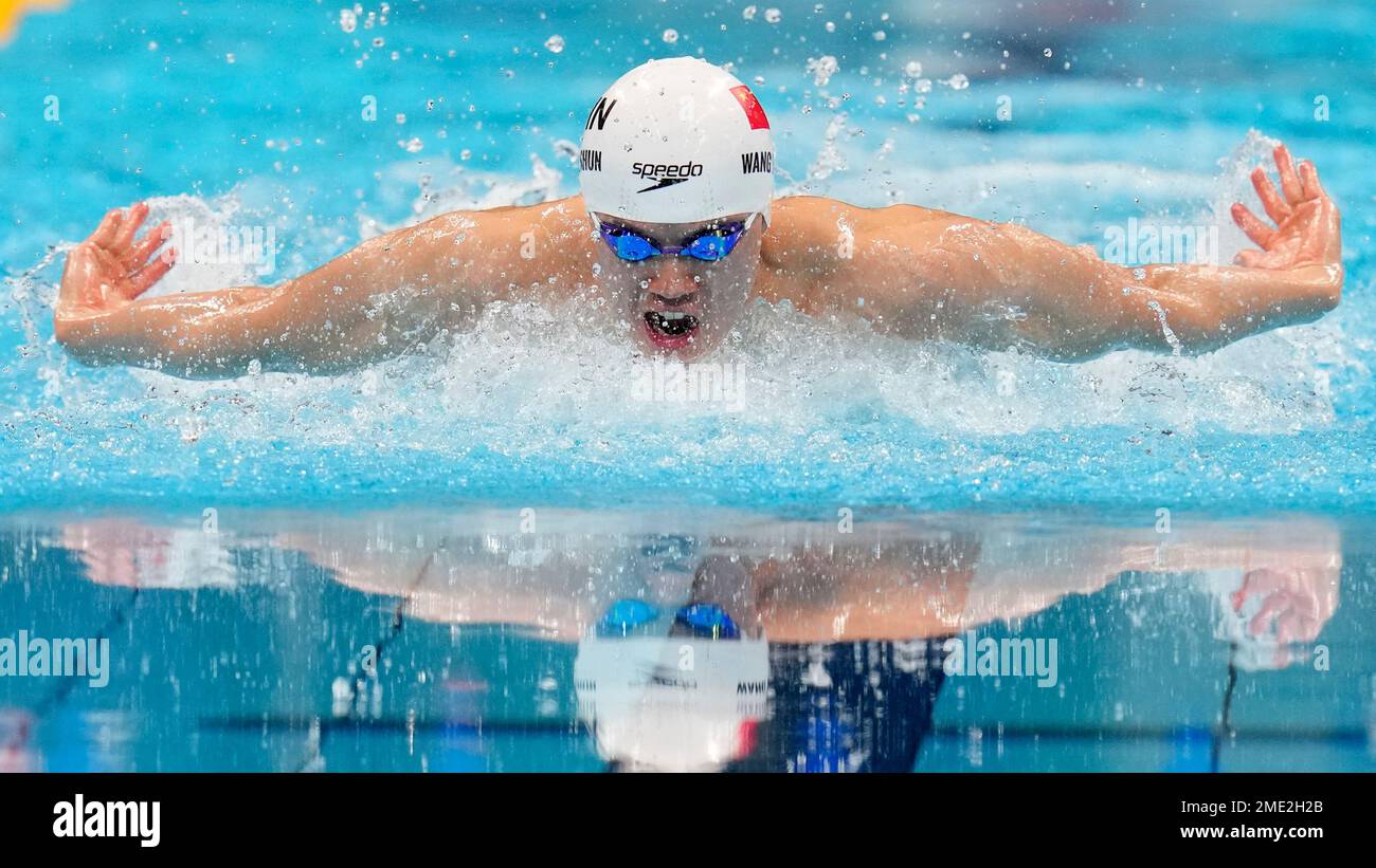 Shun Wang, of China, swims in the men's 200-meter individual medley ...