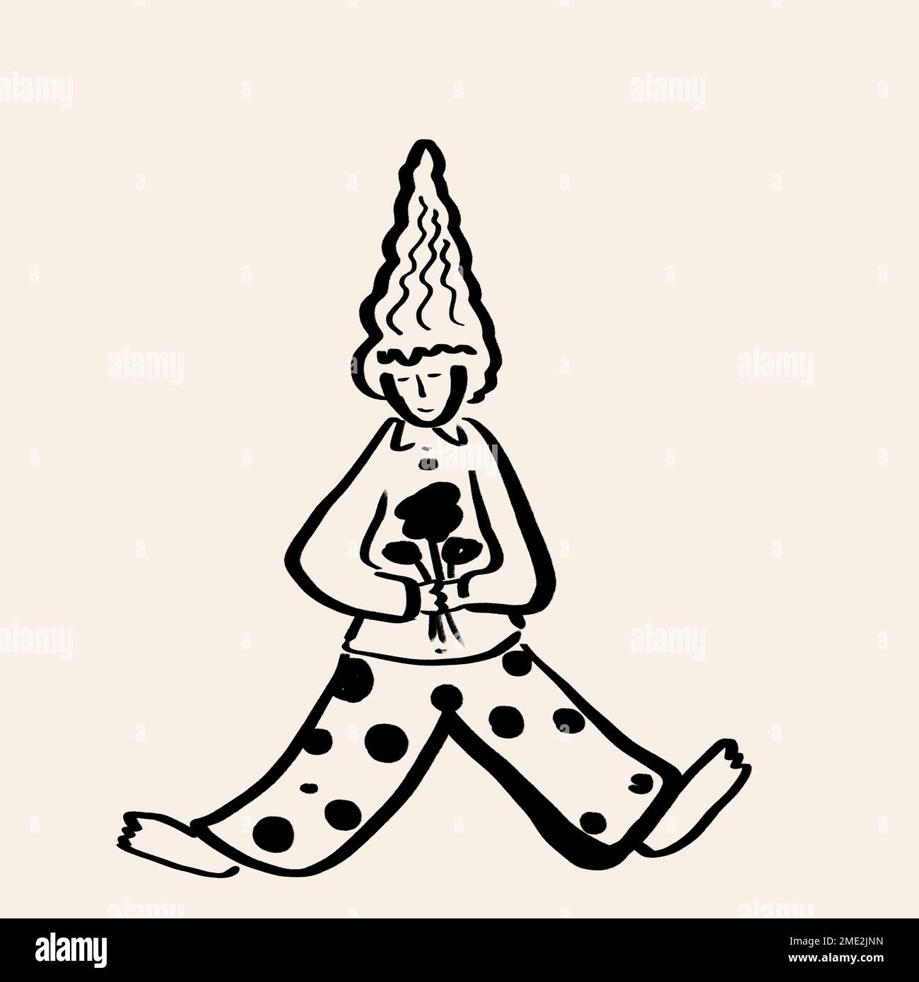 Ink font design of simple drawing of clown holding flowers and smiling ...
