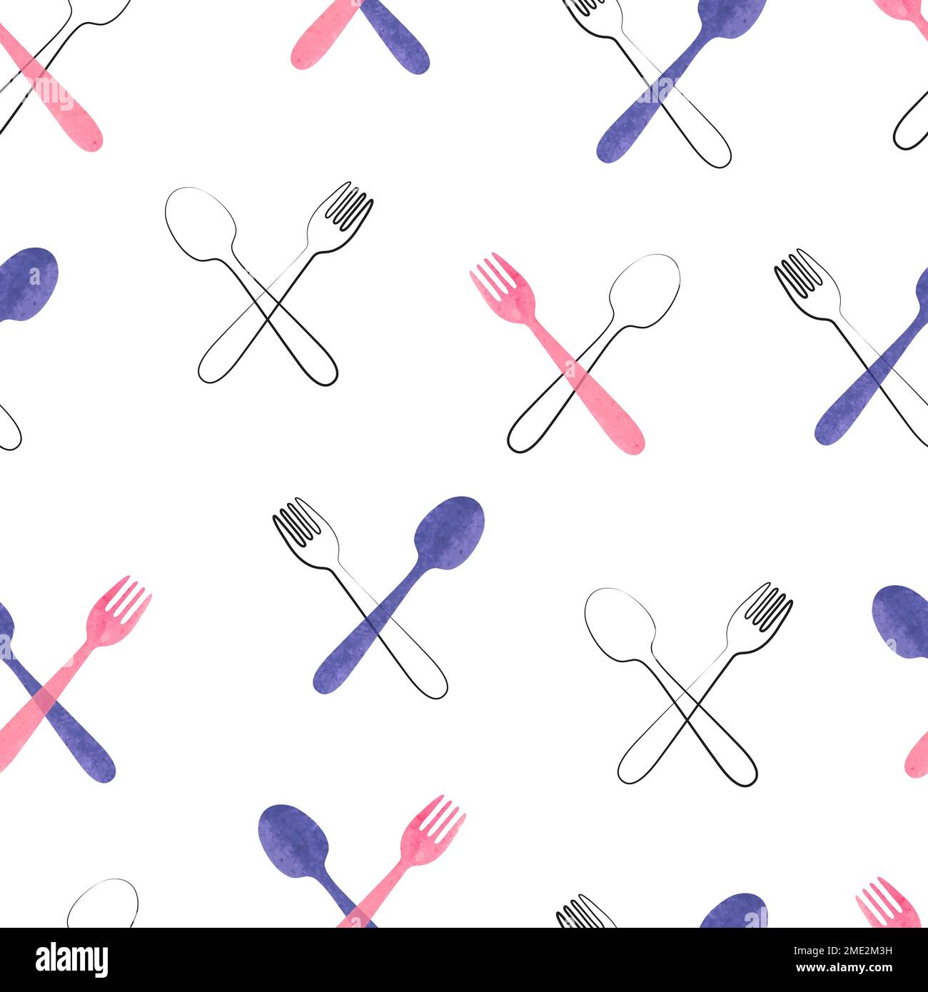Watercolor cutlery seamless pattern in pink and purple colors. Vector ...